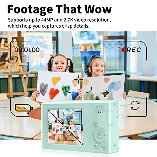 Digital Camera 4K 44MP Compact Point and Shoot Camera with 16X Digital Zoom 32GB SD Card,Kids Camera 2.4 Inch, Vlogging Camera for Teens Students Boys Girls Seniors(Green2)