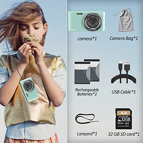 Digital Camera 4K 44MP Compact Point and Shoot Camera with 16X Digital Zoom 32GB SD Card,Kids Camera 2.4 Inch, Vlogging Camera for Teens Students Boys Girls Seniors(Green2)