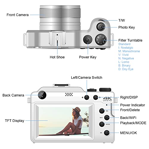 Digital Cameras for Photography 4K 48MP Vlogging Camera Autofocus Digital Camera with 18X Digital Zoom Point and Shoot Digital Cameras with 32GB Card