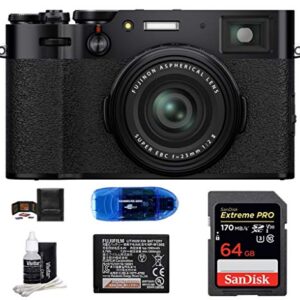 Fujifilm X100V Digital Camera Bundle Includes: SanDisk 64GB Extreme PRO SDXC Memory Card + Spare Fujifilm Battery + More (6 Items) (Black)