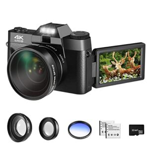 lierhyt 48mp digital camera for photography,4k vlogging camera,digital camera for kids and adults with 180° flip screen,16 x digital zoom,wide-angle lens,macro lens,32 gb micro card,2 batteries(black)