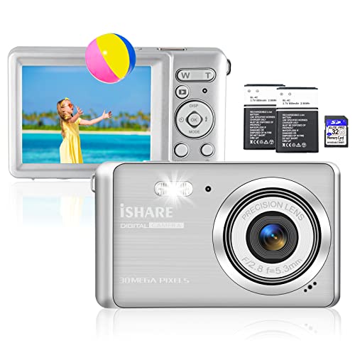 ISHARE Digital Camera for Beginners - 30MP 1080P 18X Digital Zoom 2.8”LCD Screen, Point and Shoot Camera with 2X Batteries and 32G SD Card, Ideal Cameras for Photography Enthusiasts(Silver)