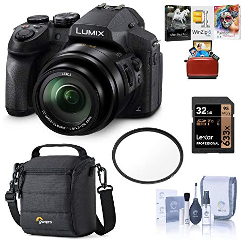 Panasonic Lumix DMC-FZ300 Digital Camera, 12.1 Megapixel, 1/2.3-inch Sensor, 4K Video, Splash/Dustproof Body, 24X Zoom Lens F2.8 Bundle with Bag, 32GB SD Card, Mac Software Pack, Filter, Cleaning Kit