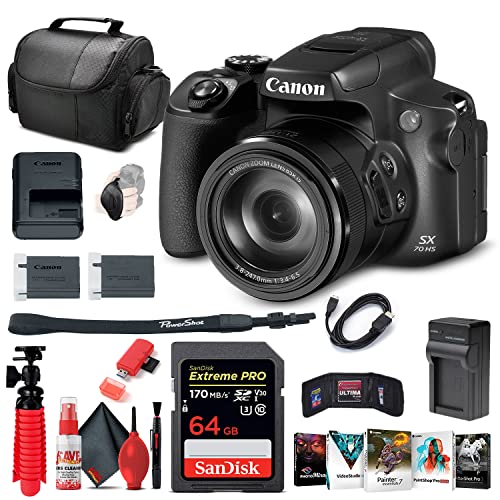 Canon PowerShot SX70 HS Digital Camera (3071C001) + 64GB Card + Corel Photo Software + LPE12 Battery + External Charger + Card Reader + HDMI Cable + Deluxe Soft Bag + Flex Tripod + More (Renewed)