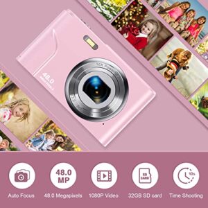 Digital Camera Auto Focus Point and Shoot Camera, FHD 1080P 48MP Kids Camera with 32GB Memory Card,16X Zoom Vlogging Camera Small Digital Cameras for Kids Teenagers Students, Pink