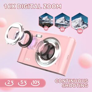 Digital Camera, Bofypoo Autofocus Kids Vlogging Camera FHD 1080P 48MP with 32GB Memory Card, 16X Zoom Point and Shoot Digital Camera, Compact Camera for Teens,Beginners