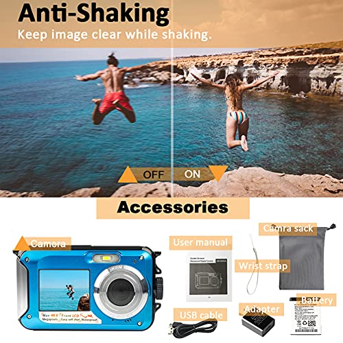 Shimshon Underwater Camera Full HD 2.7K 48MP Waterproof Camera for Snorkeling Dual Screen Waterproof Camera Digital with Self-Timer and 16X Digital Zoom (Blue)