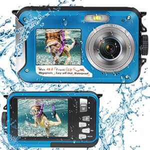 shimshon underwater camera full hd 2.7k 48mp waterproof camera for snorkeling dual screen waterproof camera digital with self-timer and 16x digital zoom (blue)