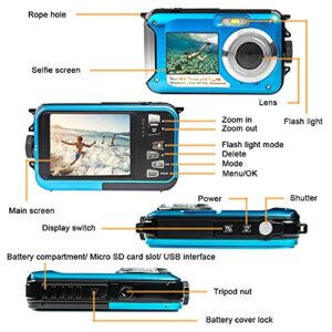 Shimshon Underwater Camera Full HD 2.7K 48MP Waterproof Camera for Snorkeling Dual Screen Waterproof Camera Digital with Self-Timer and 16X Digital Zoom (Blue)