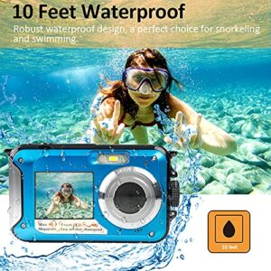 Shimshon Underwater Camera Full HD 2.7K 48MP Waterproof Camera for Snorkeling Dual Screen Waterproof Camera Digital with Self-Timer and 16X Digital Zoom (Blue)