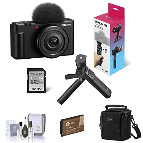 Sony ZV-1F Vlogging Camera, Black Bundle with ACCVC1 Vlogger Accessory Kit, Extra Battery, Shoulder Bag, Cleaning Kit