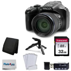 minolta mn67z 20mp digital camera (black) + transcend ts32gsdc300s 32gb uhs-i u1 sd memory card + tri-fold memory card wallet + table tripod hand grip + hi-speed sd usb card reader + cleaning cloth