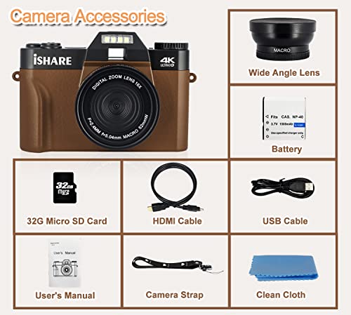 Digital Camera for Photography,Vlogging Camera for YouTube with WiFi 180° Flip Screen,16X Digital Zoom,Digital Camera for Kids and Adults with One Batteries,Wide-Angle Lens and 32GB Micro Card