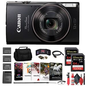 canon powershot elph 360 hs digital camera (black) (1075c001) + 2 x 64gb memory card + 2 x nb11l battery + case + card reader + corel photo software + hdmi cable + flex tripod + more (renewed)