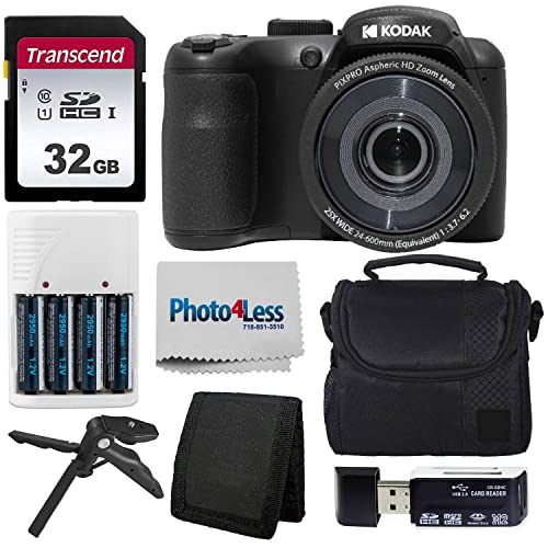 Kodak PIXPRO AZ255 Digital Camera Kit (Black) + Point & Shoot Camera Case + 32GB SD Memory Card + Rechargeable Batteries & Charger + USB Card Reader + Table Tripod + Accessories