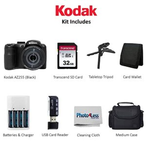 Kodak PIXPRO AZ255 Digital Camera Kit (Black) + Point & Shoot Camera Case + 32GB SD Memory Card + Rechargeable Batteries & Charger + USB Card Reader + Table Tripod + Accessories