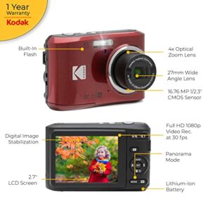 Kodak PIXPRO FZ45 Digital Camera + Black Point & Shoot Camera Case + Transcend 64GB SD Memory Card + Tri-fold Memory Card Wallet + Hi-Speed SD USB Card Reader + More! (Red)