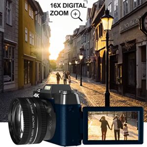 Acuvar 4K 48MP Digital Camera for Photography, Vlogging Camera for YouTube with 3.0’’ 180° Flip Screen, WiFi, 16X Digital Zoom, Wide Angle & Macro Lens, Rechargeable Battery, 64GB Micro SD Card