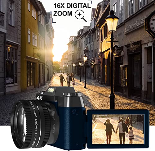 Acuvar 4K 48MP Digital Camera for Photography, Vlogging Camera for YouTube with 3.0’’ 180° Flip Screen, WiFi, 16X Digital Zoom, Wide Angle & Macro Lens, Rechargeable Battery, 64GB Micro SD Card