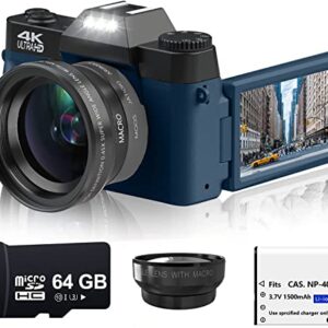 Acuvar 4K 48MP Digital Camera for Photography, Vlogging Camera for YouTube with 3.0’’ 180° Flip Screen, WiFi, 16X Digital Zoom, Wide Angle & Macro Lens, Rechargeable Battery, 64GB Micro SD Card