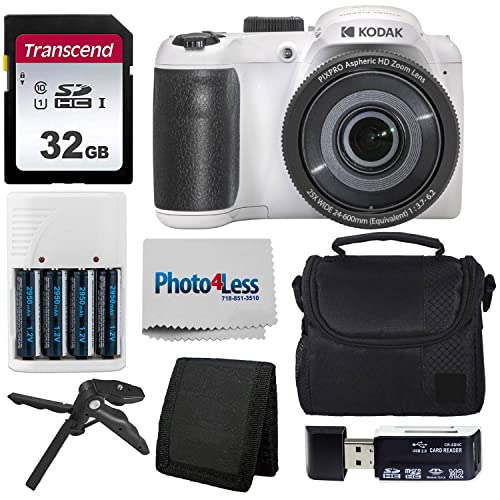 Kodak PIXPRO AZ255 Digital Camera (White) + Point & Shoot Camera Case + Transcend 32GB SD Memory Card + Rechargeable Batteries & Charger + USB Card Reader + Table Tripod + Accessories