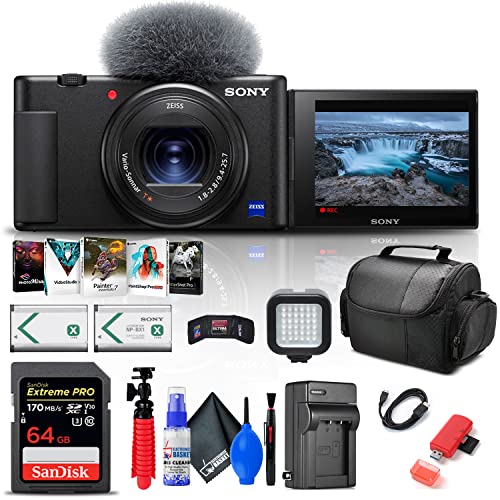 Sony ZV-1 Digital Camera (Black) (DCZV1/B) + 64GB Card + Corel Photo Software + NP-BX1 Battery + Card Reader + LED Light + HDMI Cable + Deluxe Soft Bag + Charger + Flex Tripod + More