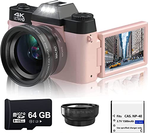 eDealz 4K 48MP Digital Camera for Photography, Vlogging Camera for YouTube with 3.0’’ 180° Flip Screen, WiFi, 16X Digital Zoom, Wide Angle & Macro Lens, Rechargeable Battery, 64GB Micro SD Card