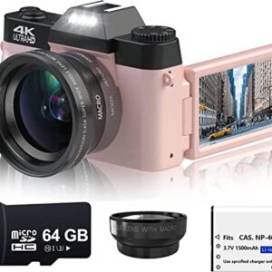 eDealz 4K 48MP Digital Camera for Photography, Vlogging Camera for YouTube with 3.0’’ 180° Flip Screen, WiFi, 16X Digital Zoom, Wide Angle & Macro Lens, Rechargeable Battery, 64GB Micro SD Card