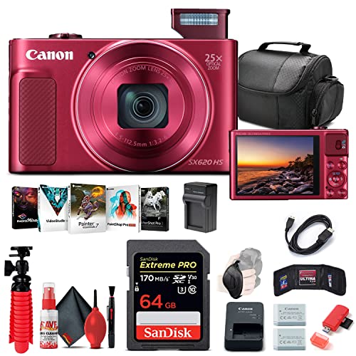 Canon PowerShot SX620 HS Digital Camera (Red) (1073C001) + 64GB Memory Card + NB13L Battery + Corel Photo Software + Charger + Card Reader + Soft Bag + Flex Tripod + More (Renewed)