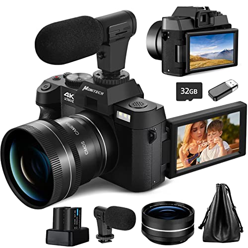 Monitech 4K Digital Camera for Photography and Video, 48MP Vlogging Camera for YouTube with 180° Flip Screen,16X Digital Zoom,52mm Wide Angle & Macro Lens, 2 Batteries, 32GB TF Card