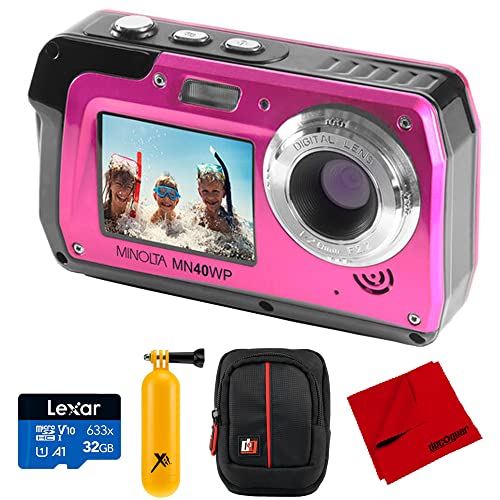 Minolta MN40WP-PK 48 MP Dual Screen 2.7K Ultra HD Waterproof Digital Camera, Pink Bundle with Lexar 64GB Memory Card. Camera Case, Floating Bobber Handle and Microfiber Cleaning Cloth