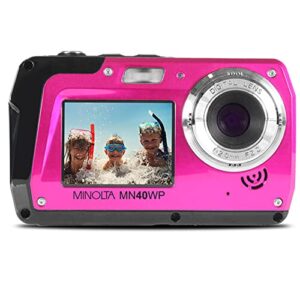 Minolta MN40WP-PK 48 MP Dual Screen 2.7K Ultra HD Waterproof Digital Camera, Pink Bundle with Lexar 64GB Memory Card. Camera Case, Floating Bobber Handle and Microfiber Cleaning Cloth