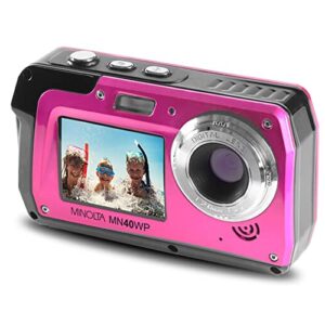 Minolta MN40WP-PK 48 MP Dual Screen 2.7K Ultra HD Waterproof Digital Camera, Pink Bundle with Lexar 64GB Memory Card. Camera Case, Floating Bobber Handle and Microfiber Cleaning Cloth