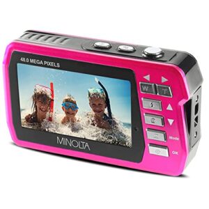 Minolta MN40WP-PK 48 MP Dual Screen 2.7K Ultra HD Waterproof Digital Camera, Pink Bundle with Lexar 64GB Memory Card. Camera Case, Floating Bobber Handle and Microfiber Cleaning Cloth