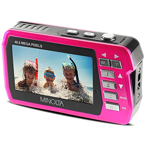 Minolta MN40WP-PK 48 MP Dual Screen 2.7K Ultra HD Waterproof Digital Camera, Pink Bundle with Lexar 64GB Memory Card. Camera Case, Floating Bobber Handle and Microfiber Cleaning Cloth