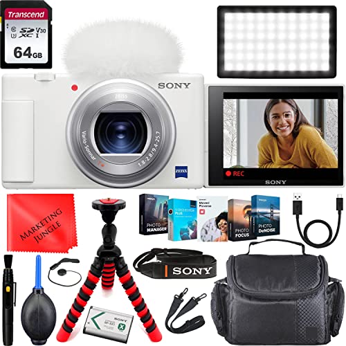 Sony Intl. ZV-1 Digital Camera (White) ZEISS Vario-Sonnar 24-70 F1.8-2.8mm Vlogging/Video Creator Bundle with Portable LED Light, 64Gb Memory Card, Cleaning Kit + Accessories, ZV1