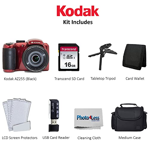 Kodak PIXPRO AZ255 Digital Camera (Red) + Point & Shoot Camera Case + 16GB Memory Card + USB Card Reader + Table Tripod + Accessories