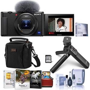 sony zv-1 compact 4k hd digital camera, black bundle with accvc1 vlogger accessory kit, mac software pack, shoulder bag, screen protector, cleaning kit