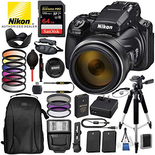 Nikon COOLPIX P1000 Digital Camera with 125x Optical Zoom USA (Black) 26522 16PC Accessory Bundle Package – Includes SanDisk 64GB Extreme Pro SDHC Memory Card + 2X Extra Battery + 57” Tripod + More