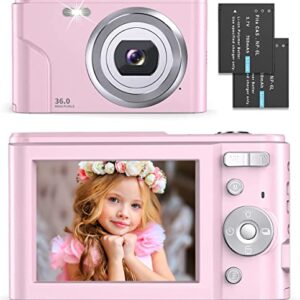 Digital Camera 1080P 36MP Kids Camera Compact Point and Shoot Digital Camera, 16X Digital Zoom 2 Batteries, Rechargeable Vlogging Portable Small Camera for Teens Students