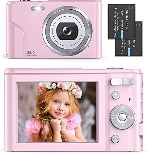 Digital Camera 1080P 36MP Kids Camera Compact Point and Shoot Digital Camera, 16X Digital Zoom 2 Batteries, Rechargeable Vlogging Portable Small Camera for Teens Students