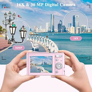 Digital Camera 1080P 36MP Kids Camera Compact Point and Shoot Digital Camera, 16X Digital Zoom 2 Batteries, Rechargeable Vlogging Portable Small Camera for Teens Students