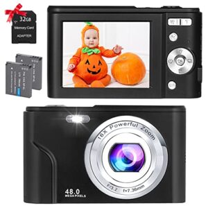 digital camera, fhd 48.0 mp vlogging camera mini camera kids camera video camera pocket camera with 32gb tf card autofocus 16x digital zoom, compact portable camera for kids students teenager-black