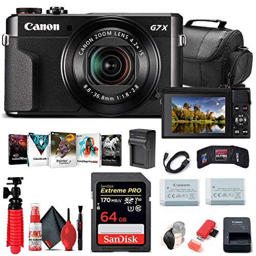 Canon PowerShot G7 X Mark II Digital Camera (1066C001) + 64GB Memory Card + NB13L Battery + Corel Photo Software + Charger + Card Reader + Soft Bag + Flex Tripod + More (Renewed)