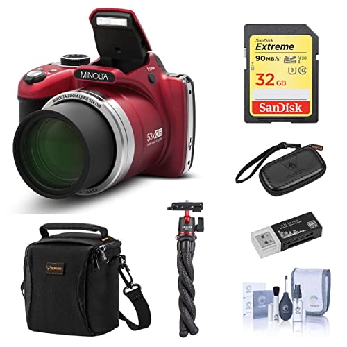 Minolta MN53Z 16MP FHD Digital Camera with 53x Optical Zoom, Wi-Fi, Red Bundle with Shoulder Bag, Octopus Tripod, 32GB SD Card, Reader, Card Case, Cleaning Kit