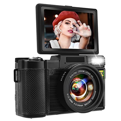 Digital Camera for Photography, Vlogging Camera with 2.7K Full HD, 30MP YouTube Camera with 180 Degree Rotation 3.0 Inch Flip Screen, 4P Lens, 32GB SD Card and 2 Batteries（Focus Fixed）