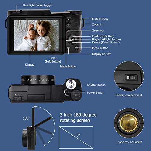 Digital Camera for Photography, Vlogging Camera with 2.7K Full HD, 30MP YouTube Camera with 180 Degree Rotation 3.0 Inch Flip Screen, 4P Lens, 32GB SD Card and 2 Batteries（Focus Fixed）