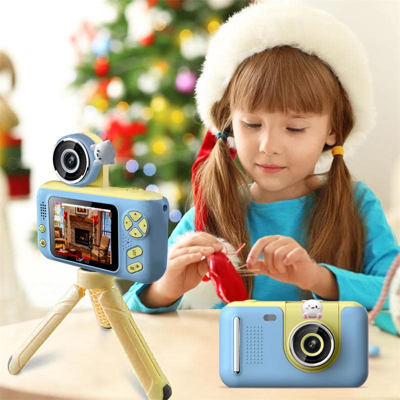 Acuvar Full 1080P Kids Selfie Flip Lens HD Digital Photo & Video Rechargeable Camera with 2" Screen, Matching Handheld Tripod, 32GB Card, Memory Card Case, Card Reader & Micro USB Charging (Blue Kit)