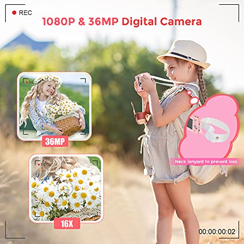 Digital Camera, NEZINI 2 Charging Mode Mini Kids Camera, Full HD 1080P 36MP 2.4 Inch LCD Vlogging Camera for Kids, 16X Zoom Compact Pocket Camera Point and Shoot Camera for Kids Beginners (Pink)