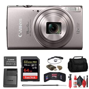 canon powershot elph 360 hs digital camera (silver) (1078c001) + 64gb memory card + case + card reader + flex tripod + memory wallet + cap keeper + cleaning kit (renewed)